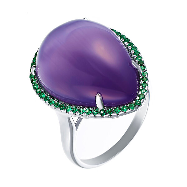 Перстень, серебро, 925 проба, родирование, кошачий глаз, циркон