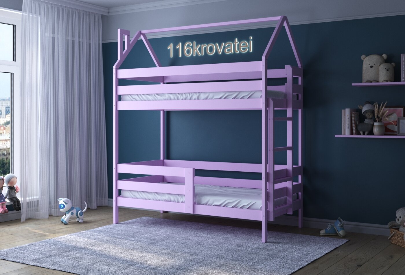 Двухъярусная кровать с лестницей с торца и крышей 180*90 розовая