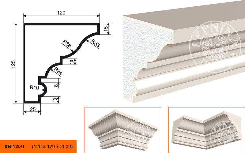Фасадный карниз Lepninaplast КВ-125/1, пенополистирол ПСБ-С-35, длина 2 метра, 1 шт.
