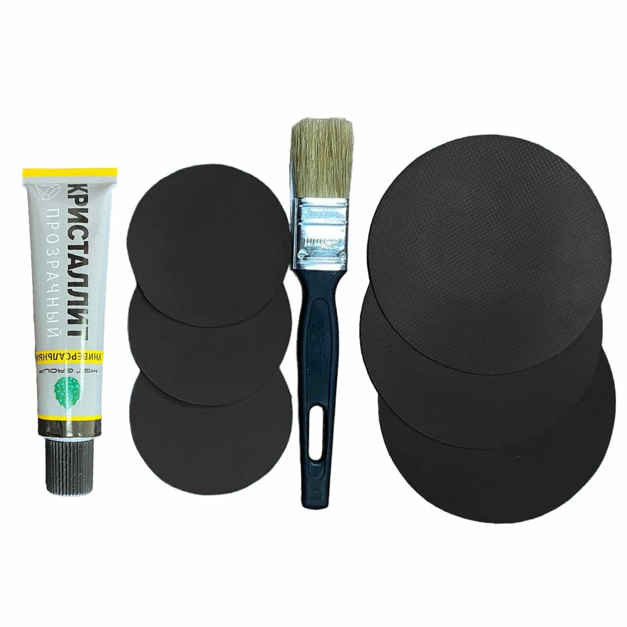 Набор для ремонта лодок ПВХ матрасов и прочих изделий из ПВХ черный - Клей MGT GROUP - Кисть - Заплатки ПВХ 650 гр/м d8 и d11