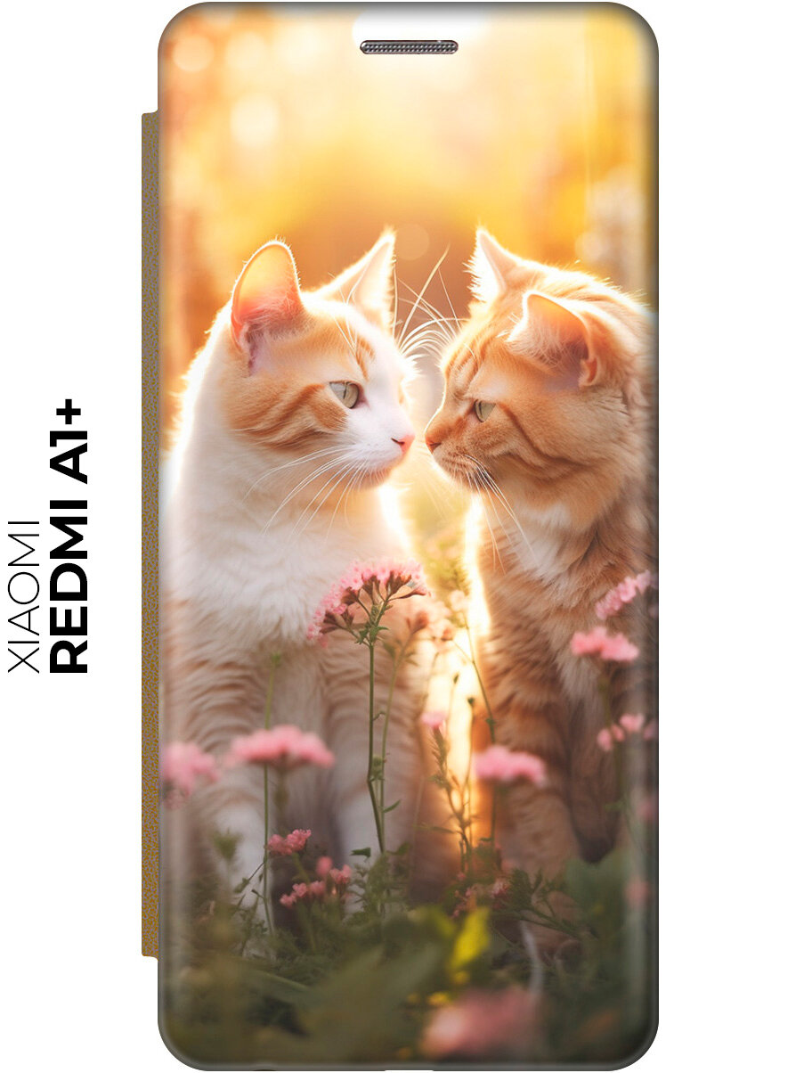 Чехол-книжка на Xiaomi Redmi A1+ / A2+ / Poco C50 / C51 / Сяоми Редми А1 Плюс / А2 Плюс / Поко С50 / С51 с рисунком "Влюбленные котики" золотой