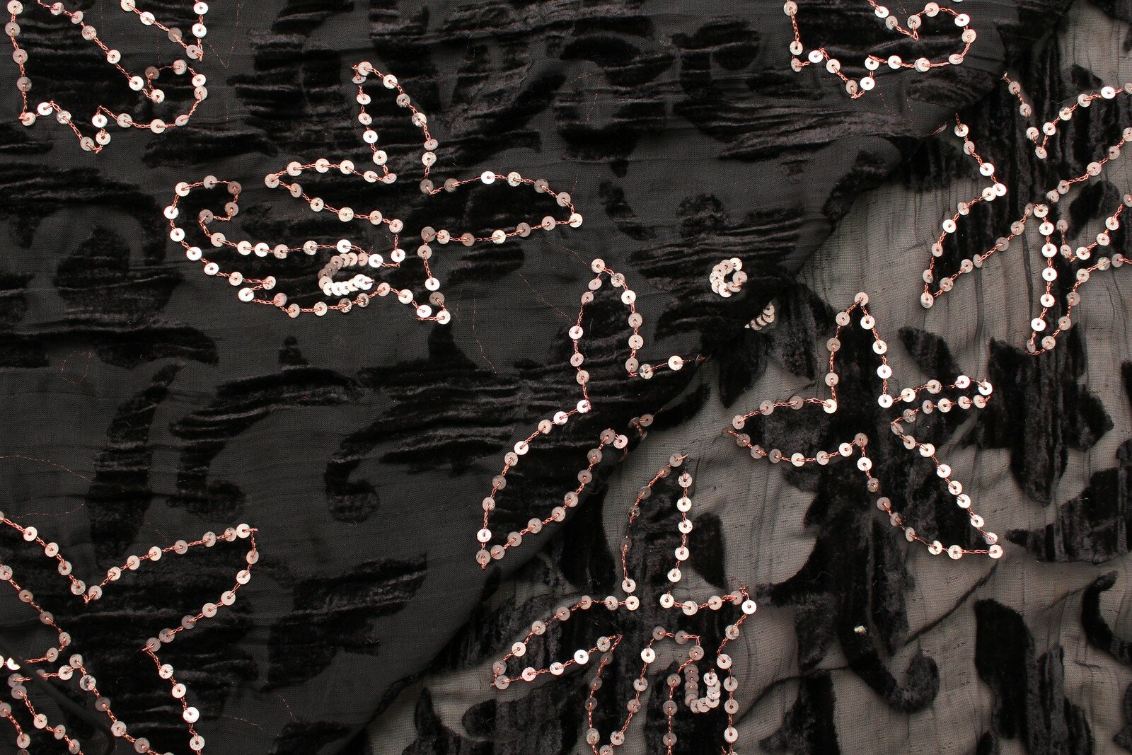 Ткань Бархат-деворе с пайетками черный, ш95см, 0,5 м