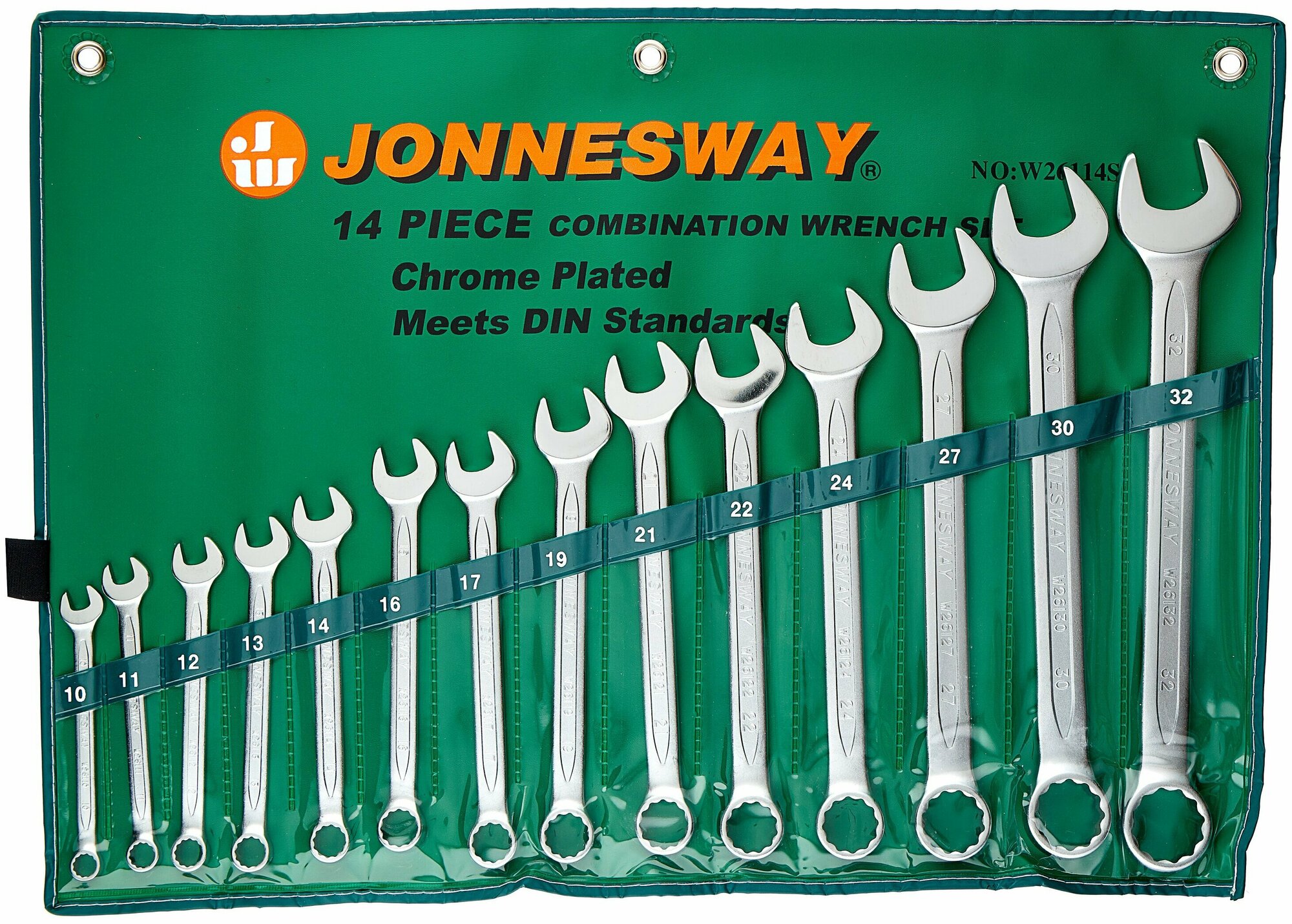 Набор комбинированных ключей Jonnesway W26114S (14 предметов), хромованадиевая сталь, зеленый