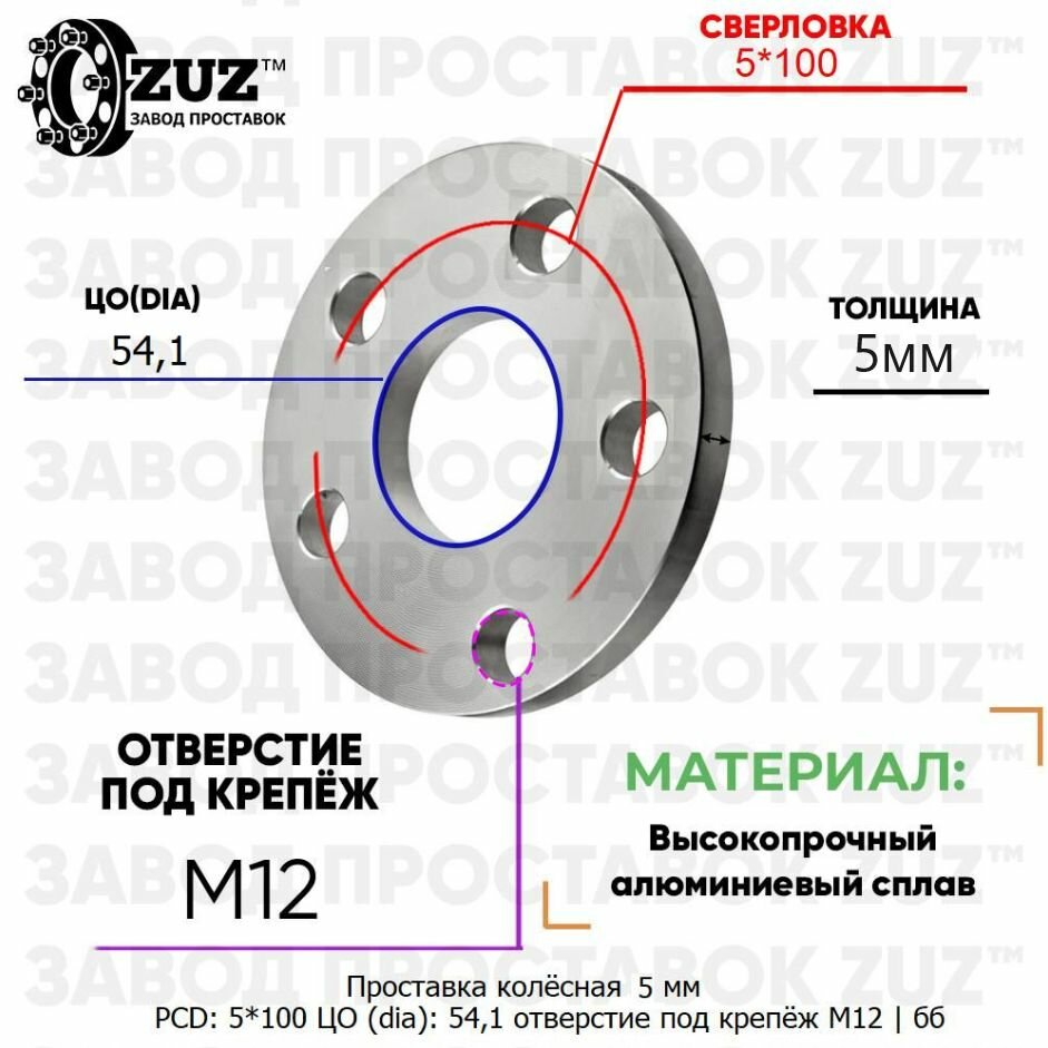 Проставка колёсная 1 шт 5мм 5*100 ЦО 54,1 отверстие под крепёж М12 ступичная без бортика для дисков 1 шт на ступицу 5x100 5х100