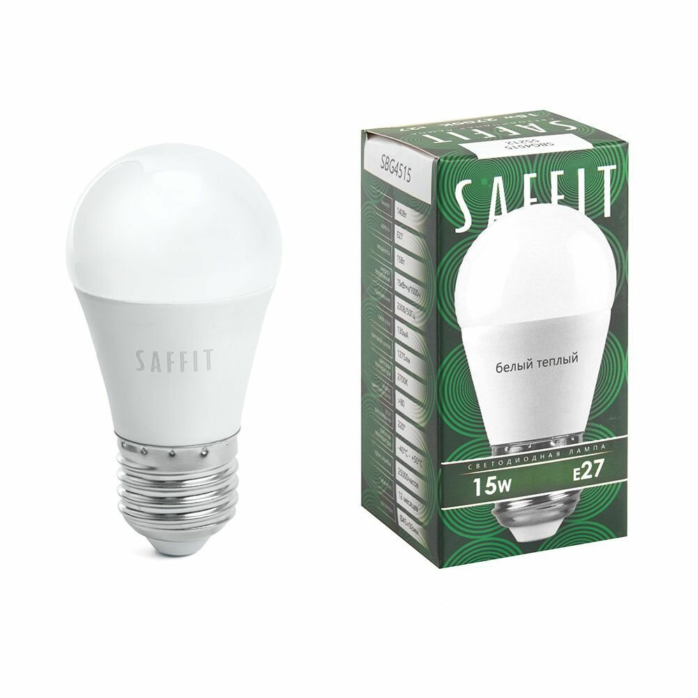 Лампа светодиодная Е27 мощность 15W цвет 2700K теплый белый свет SAFFIT SBG4515 55212 Упаковка 5 штук
