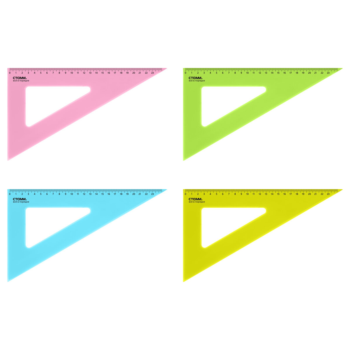 Комплект 60 шт, Треугольник 30°, 23см СТАММ, пластиковый, прозрачный, неоновые цвета, ассорти