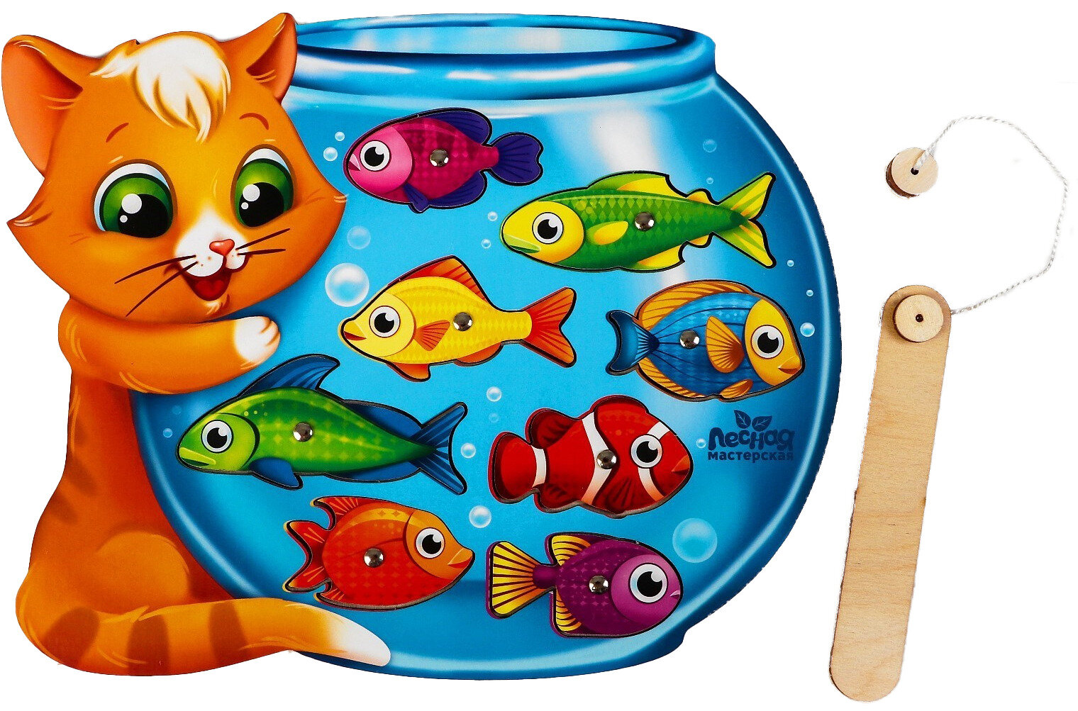 Магнитная рыбалка "Кот", настольная развивающая игра, деревянная рамка-вкладыш, набор 8 фигурок с магнитами + удочка