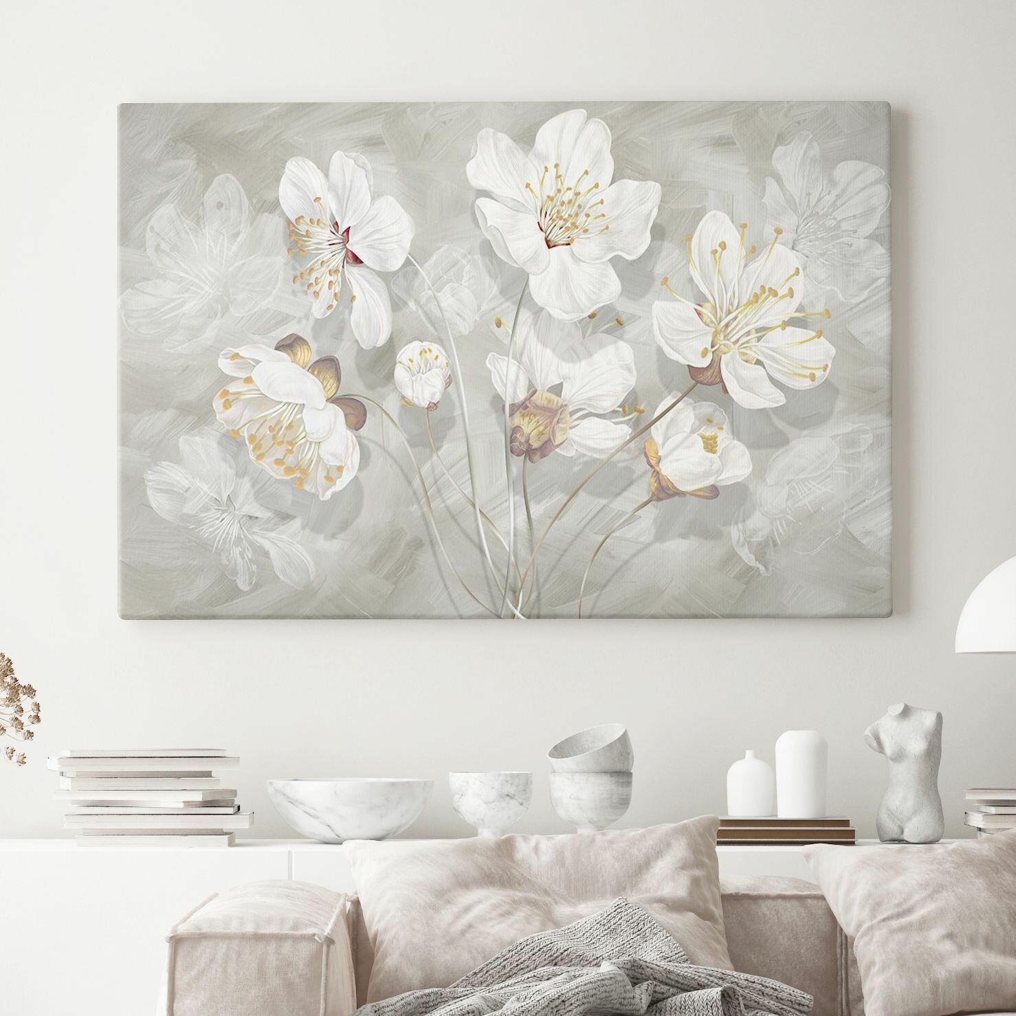 Интерьерная картина "Цветы вишни" на натуральном хлопковом холсте, большая, размер 60 на 90/ 60х90 см