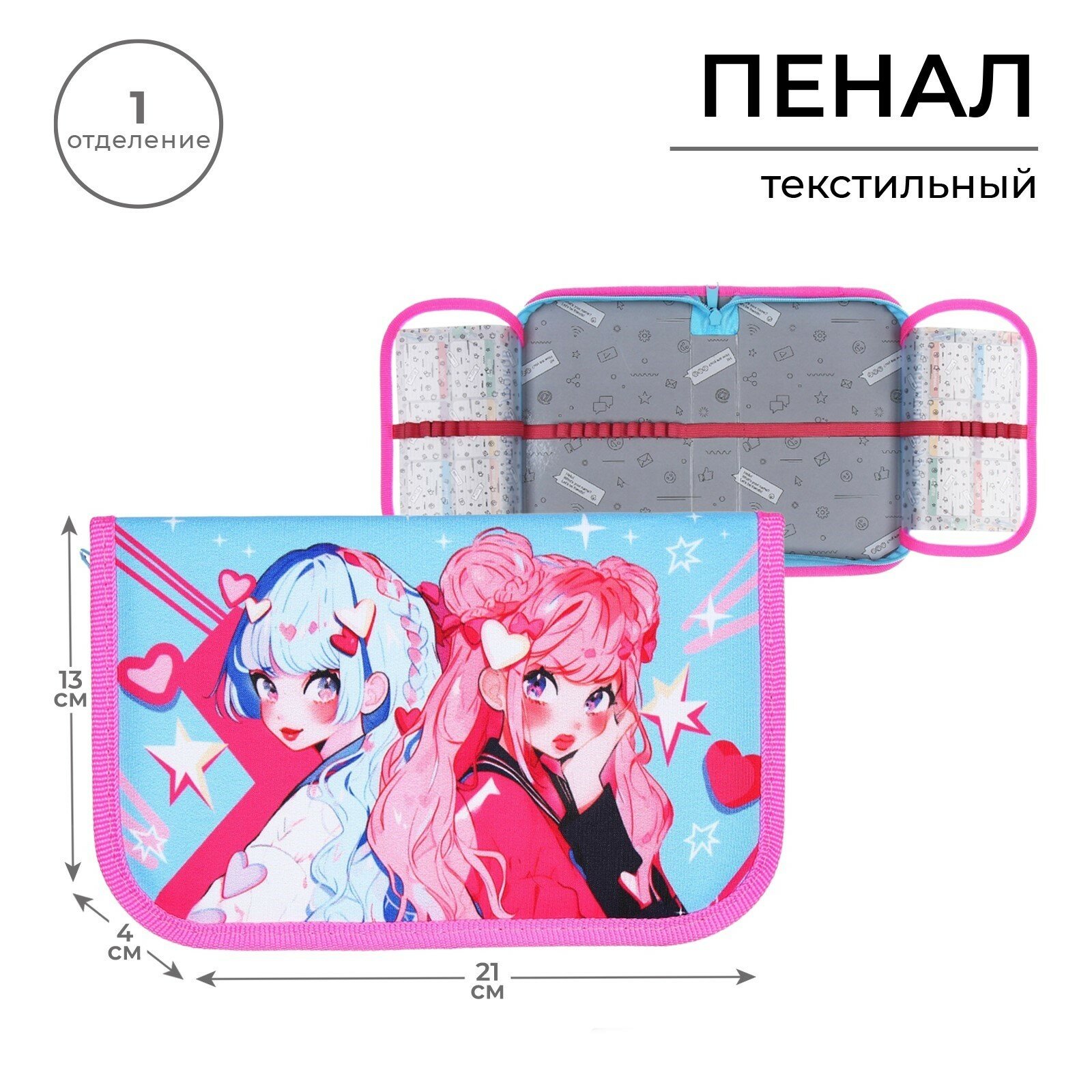 Пенал школьный, 1 секция, 13 × 21 × 4 см, «Аниме подружки», для детей