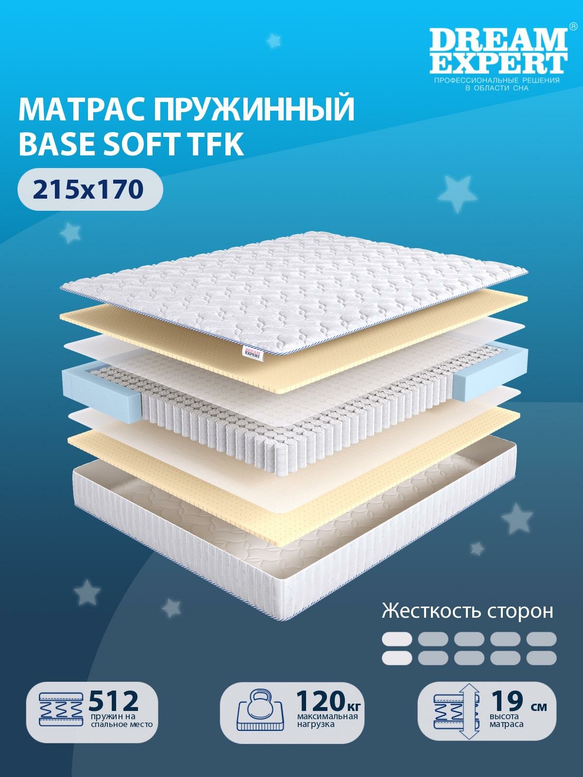 Матрас DreamExpert Base Soft TFK низкой жесткости, двуспальный, независимый пружинный блок, на кровать 215x170