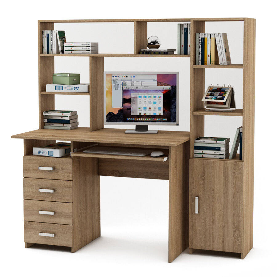 Стол письменный, компьютерный Лайт (Ньюкасл) 4К с надстройкой и стеллажом цвет: Дуб сонома