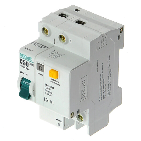 Дифф. автомат DEKraft ДИФ101-1N-050А-100-C 15207DEK (тип АС) 50А-100мА 230В 1P+N 4,5кА