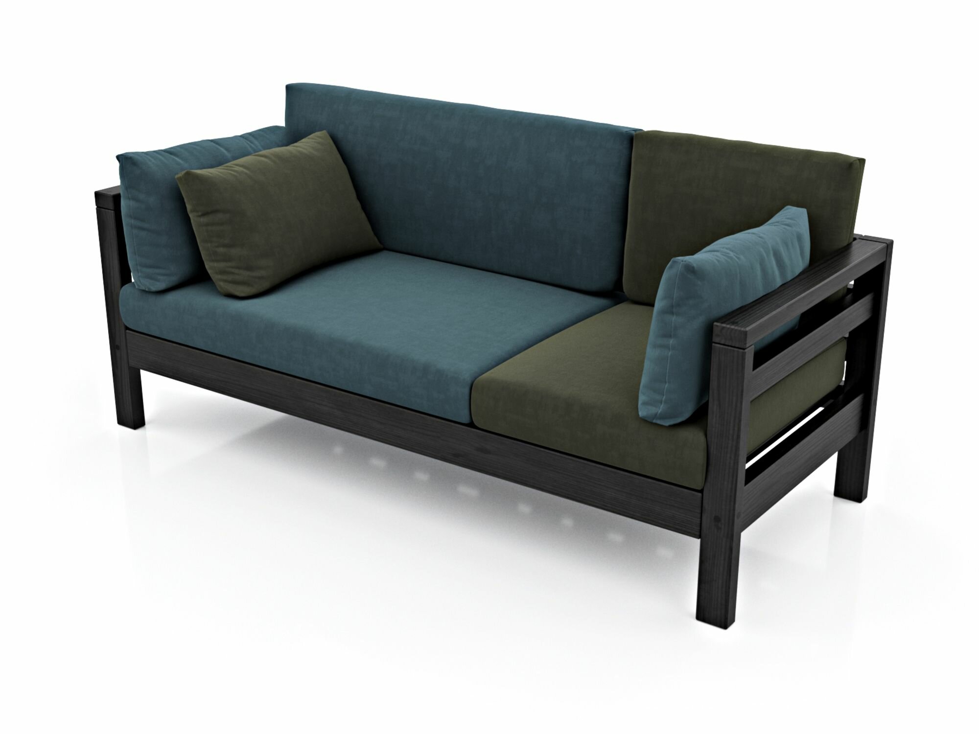 Прямой диван кушетка Arsko Домино-Б, синий+зеленый-венге, велюр, трехместный, массив дерева, в офис, в салон красоты