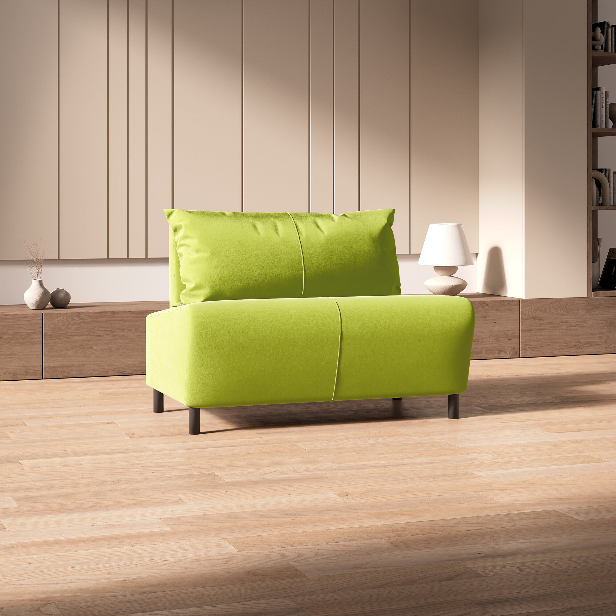 Диван TWIN, с подушкой, в офис, холл, 100 см, без подлокотников, антивандальный велюр, салатовый
