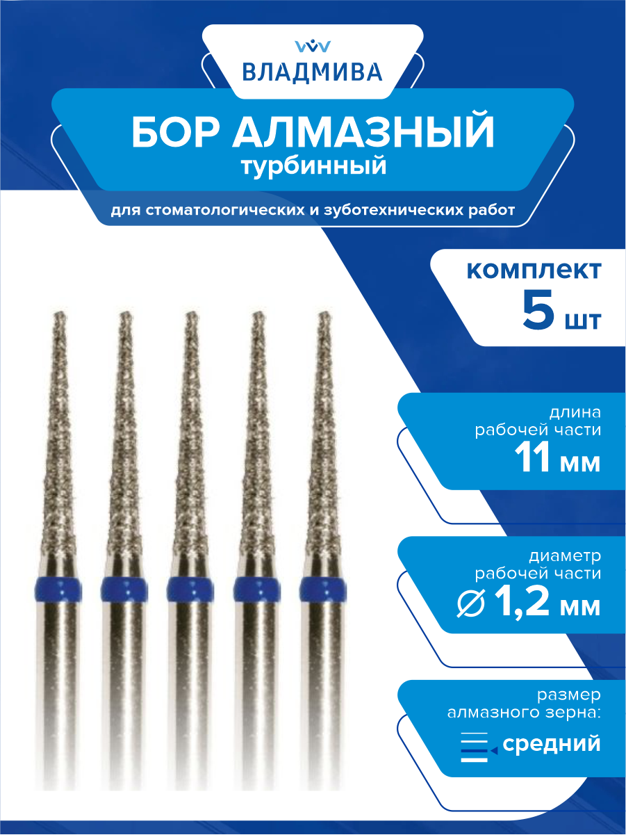 Бор турбинный конусный заостр. средней зерн. 11,5 мм. d-1,2 мм. 5 шт. (866.314.164.115.012)