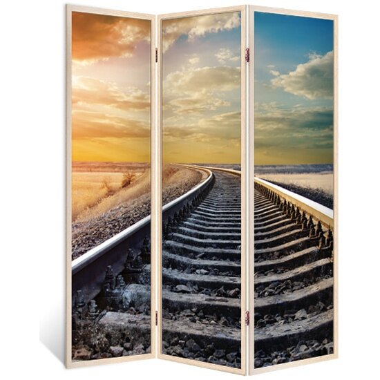 Ширма перегородка Декор Депо для комнаты деревянная "Поезд в пути" двухсторонняя с картинкой (уют) 3 створки кремовый дуб 176х140 см 11 кг
