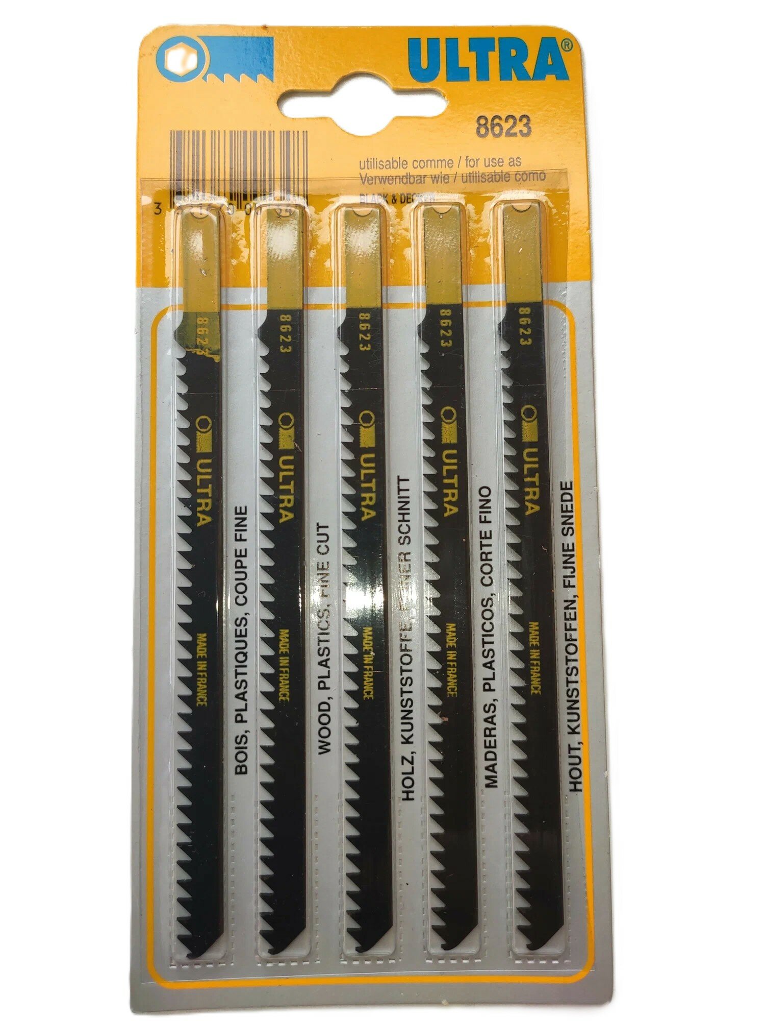 Пилки для лобзика Ultra 8623 5 шт. (Хвостовик U образный) Франция грубый рез 85мм. дерево, пластмасса