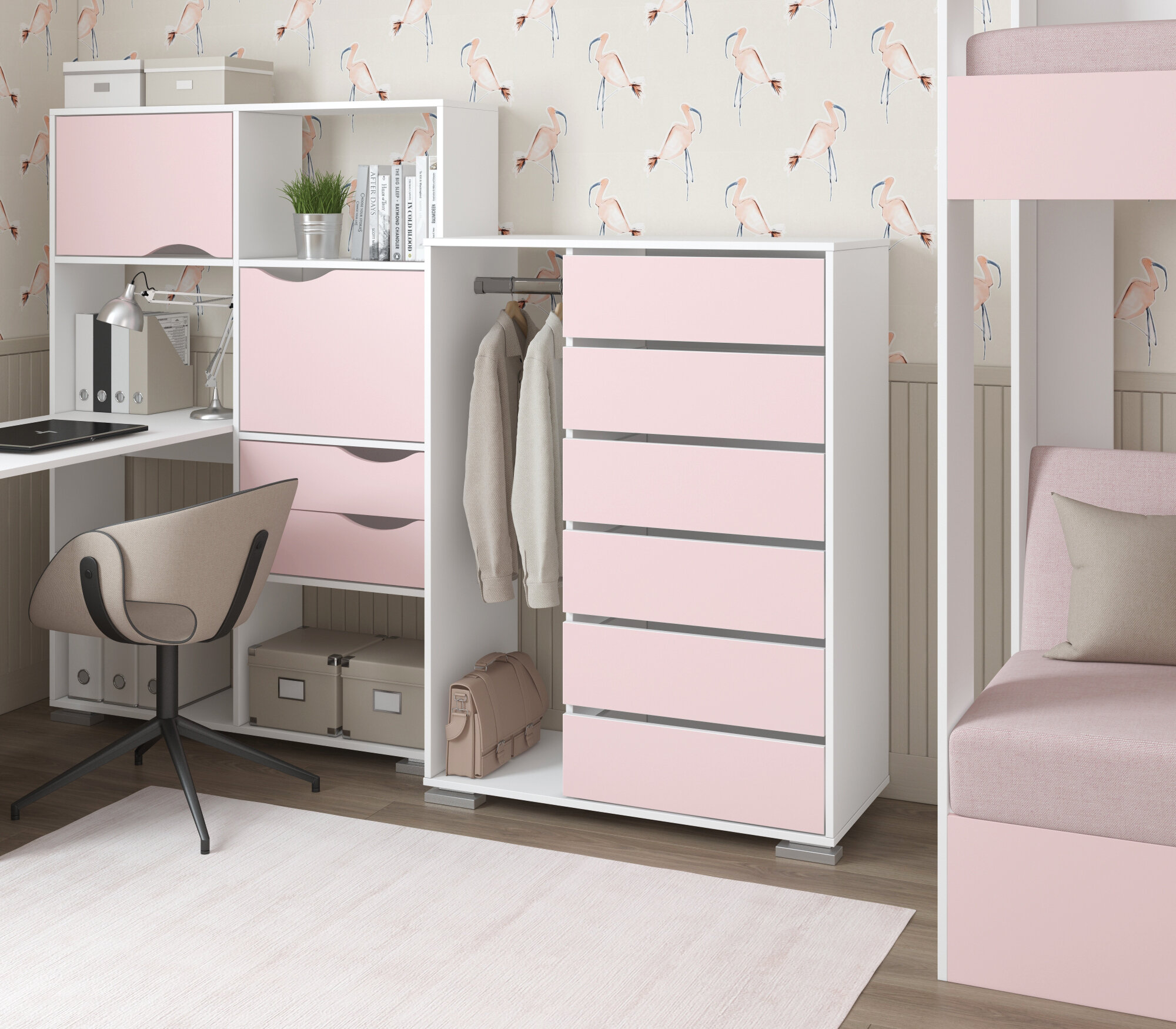 Шкаф, комод, шкаф-комод с ящиками, со штангой Есэндвич L Лаворо, 100х50х120 см, правый (Белый/Розовый кварц)