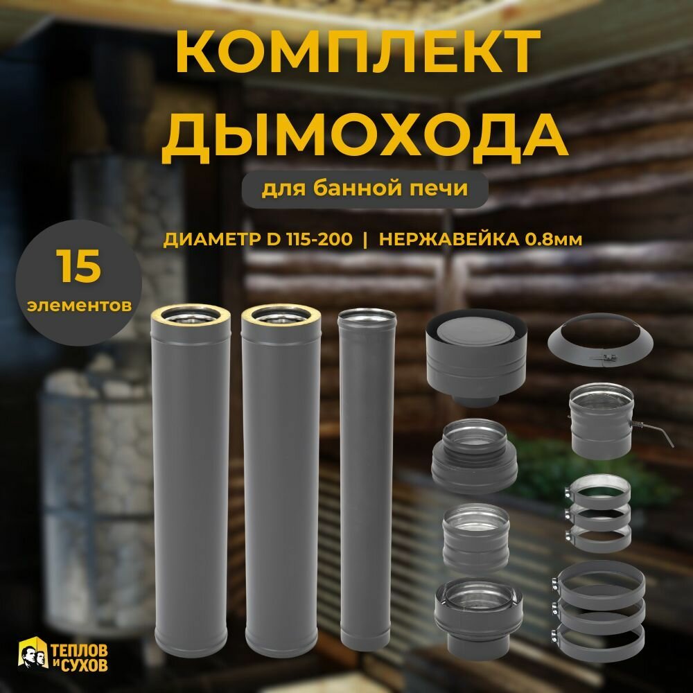 Комплект дымохода Black 115 сэндвич с дефлектором для бани дома из нержавейки 0.8мм сборка по конденсату
