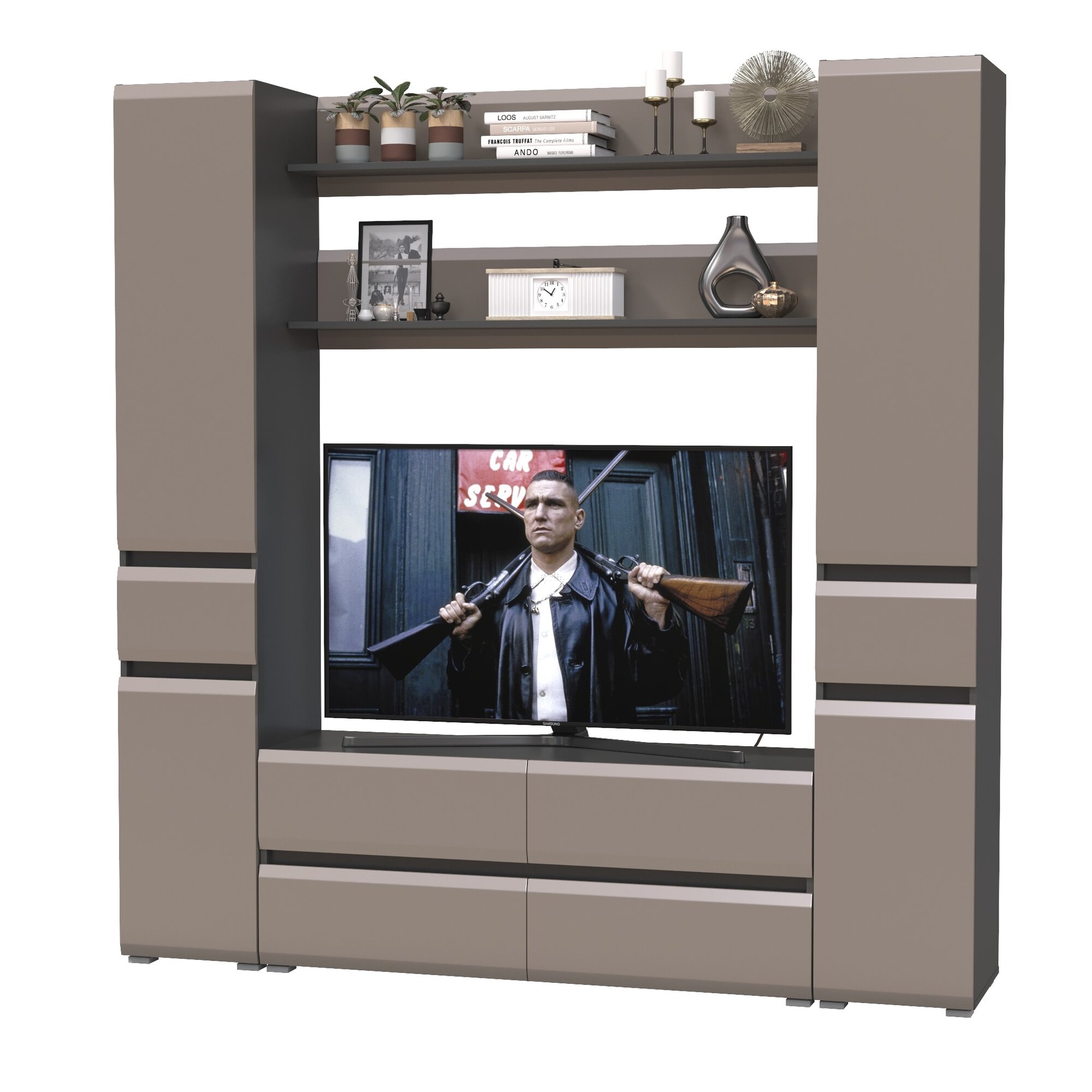 Два пенала Сидней с выдвижными ящиками и тумба для телевизора, цвет антрацит/веллюто, 199,9х41,3х205,2 см.