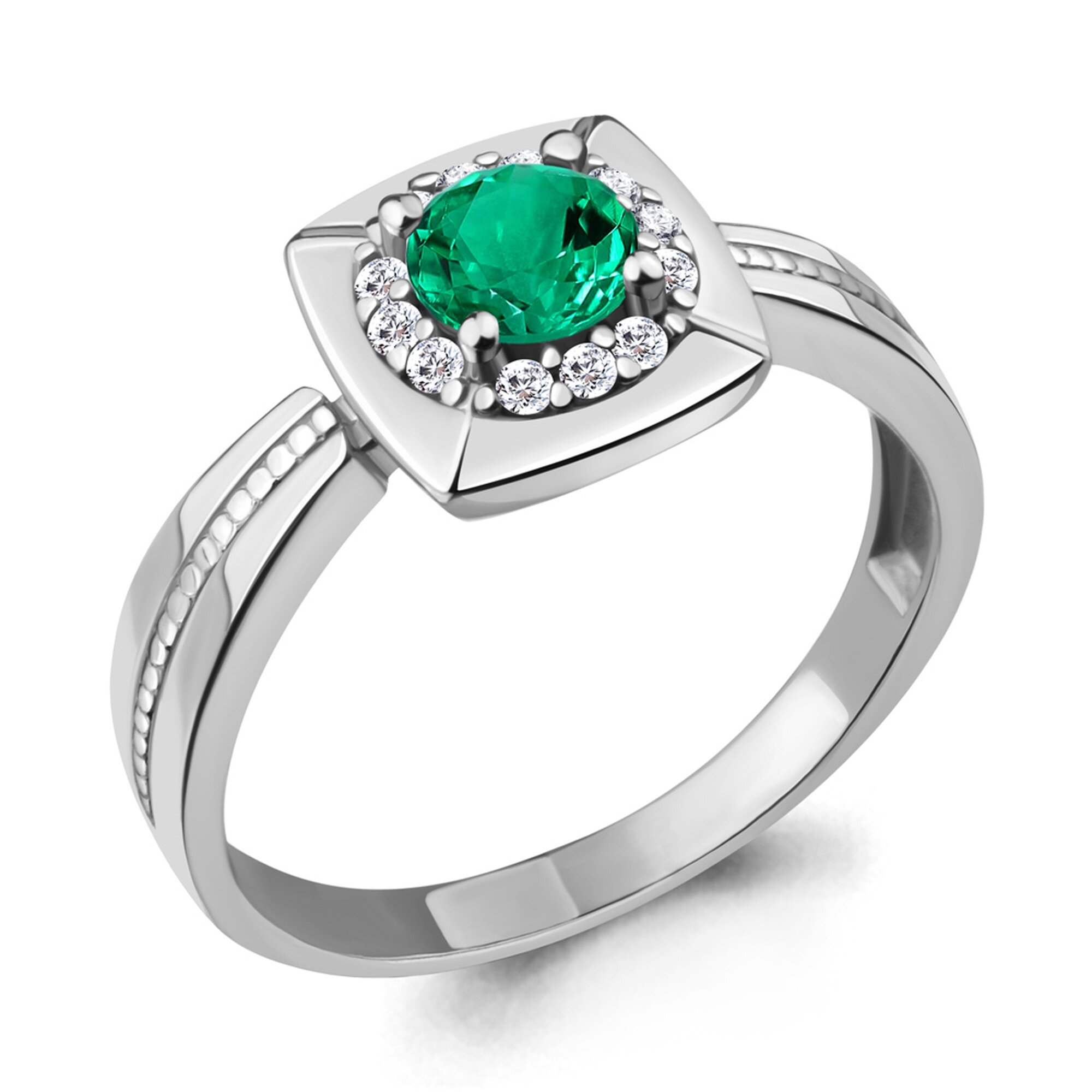 Кольцо, серебро, 925 проба, родирование, фианит, изумруд синтетический