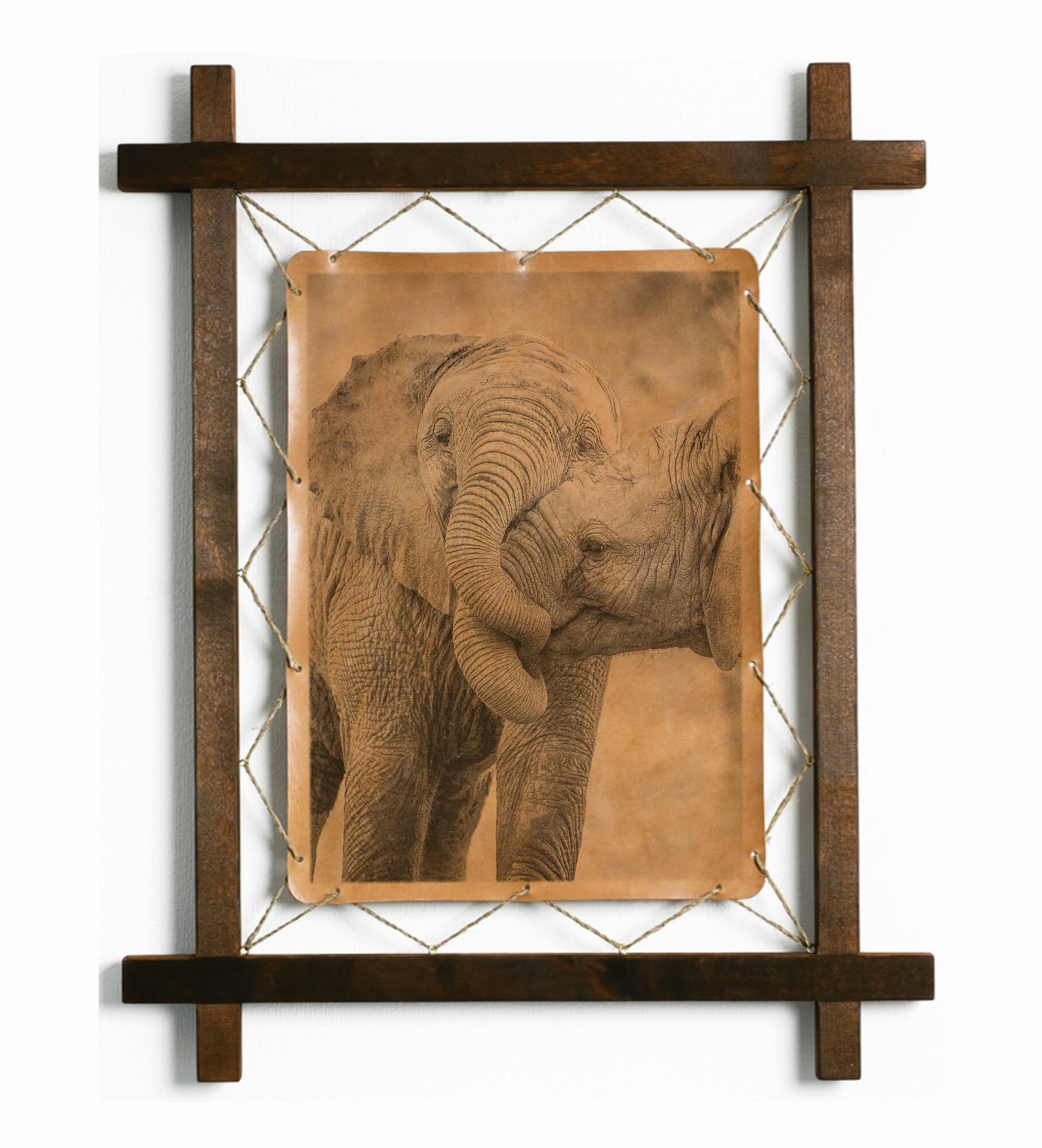 Интерьерная картина из натуральной кожи "Слоники", декоративное настенное панно в деревянной раме, BoomGift