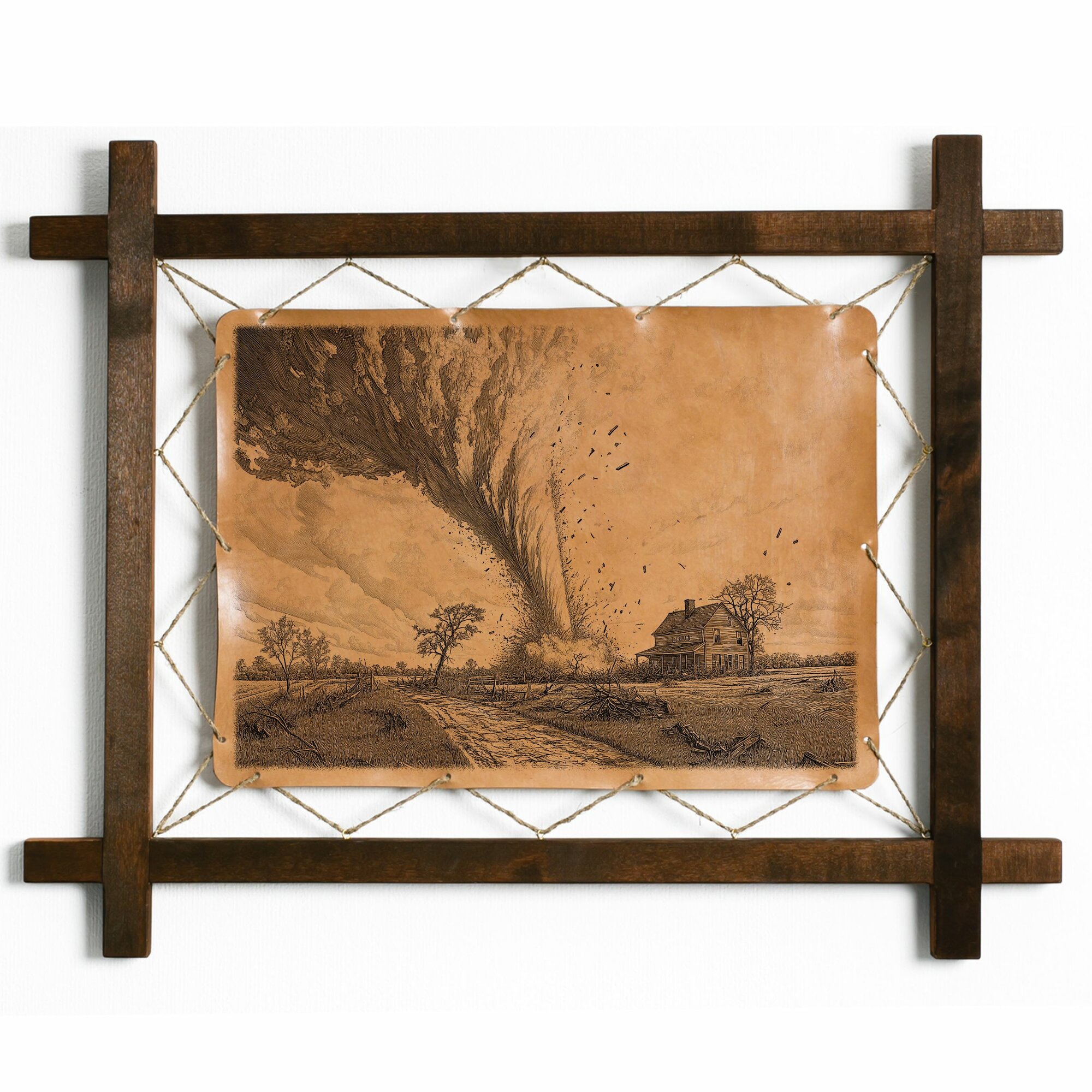 Интерьерная картина из натуральной кожи "Торнадо в сельской местности", декоративное настенное панно в деревянной раме, BoomGift