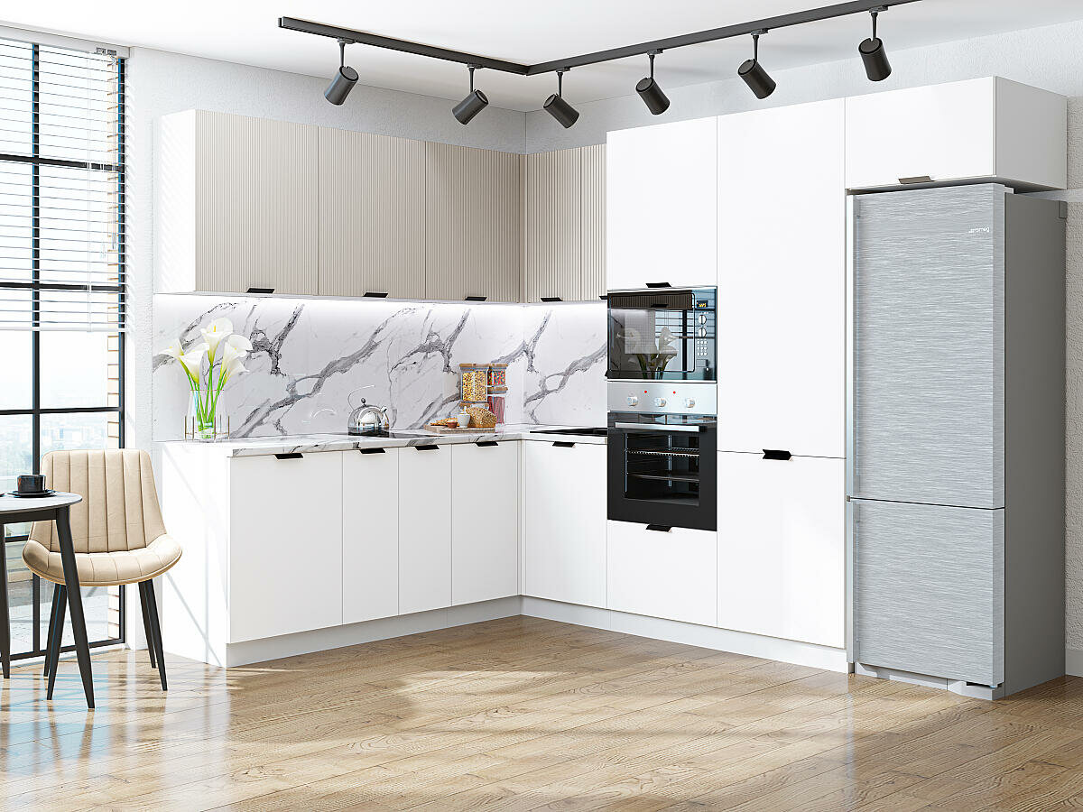 Кухня Евро Лайн-03, цвет фасада Белый/Агат, цвет каркаса Белый, 2140*2150/2800*600 мм