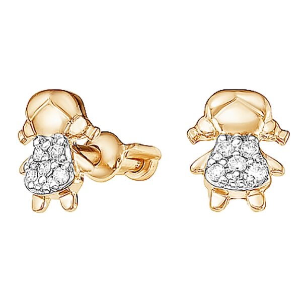 Серьги пусеты, красное золото, 585 проба, фианит