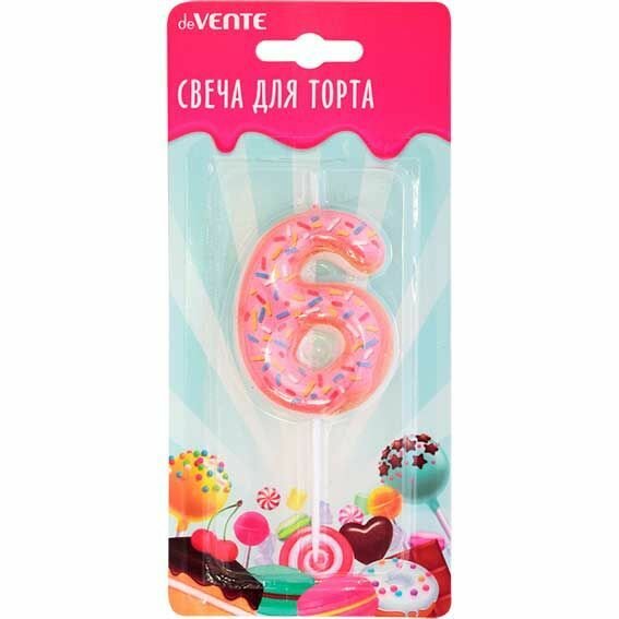 Свеча-цифра deVENTE для торта, "6" "Donut", 5,9х4,4х1 см, с 3D декором, картонный блистер (9060306)