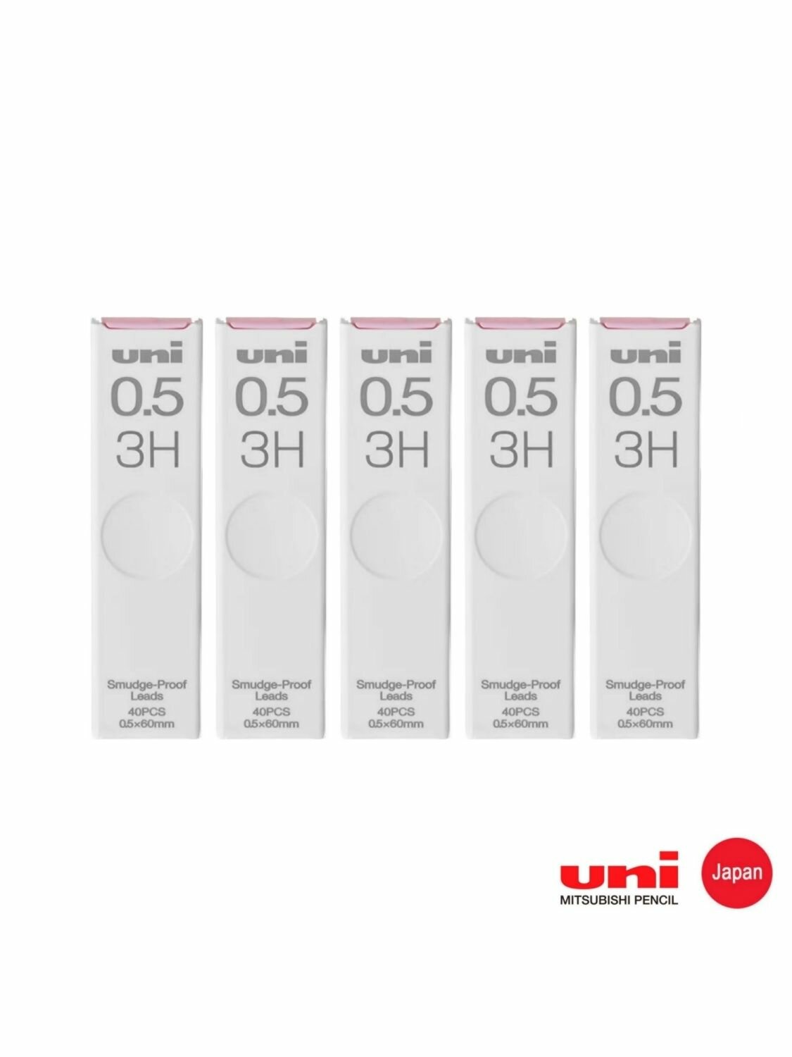 Грифель для механического карандаша Uni Smudge-Proof UL-S 0.5 мм 3H, устойчивый к смазыванию, 5 пеналов по 40 стержней, японские канцтовары для черчения и заметок