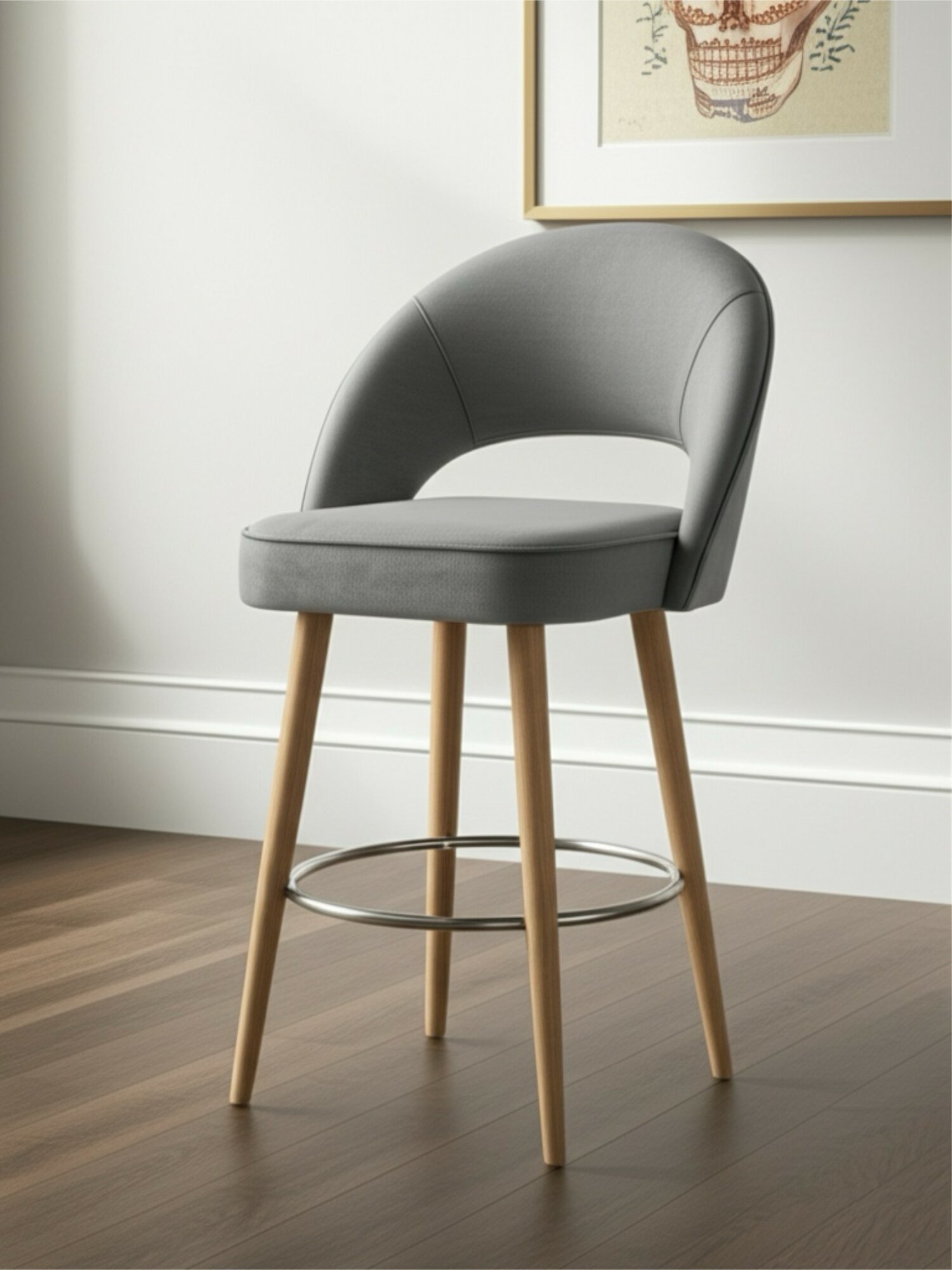 Стул барный со спинкой светло-серый ножки деревянные 60см, прозрачный лак с перекладиной для ног для кухни/барной стойки/кафе.