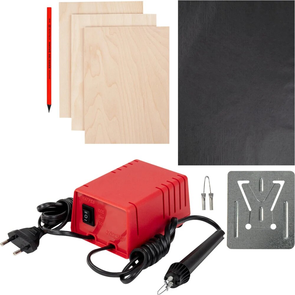 BRAUBERG Прибор для выжигания по дереву Ажур + 3 дощечки, копирка, карандаш в подарок, , 881029