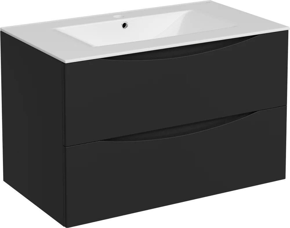 Тумба с раковиной BOND Куб 80 подвесная, 80 см, серая, матовая, из МДФ, с ящиками, раковина для ванной, фарфоровая, прямоугольная, встроенный слив-перелив