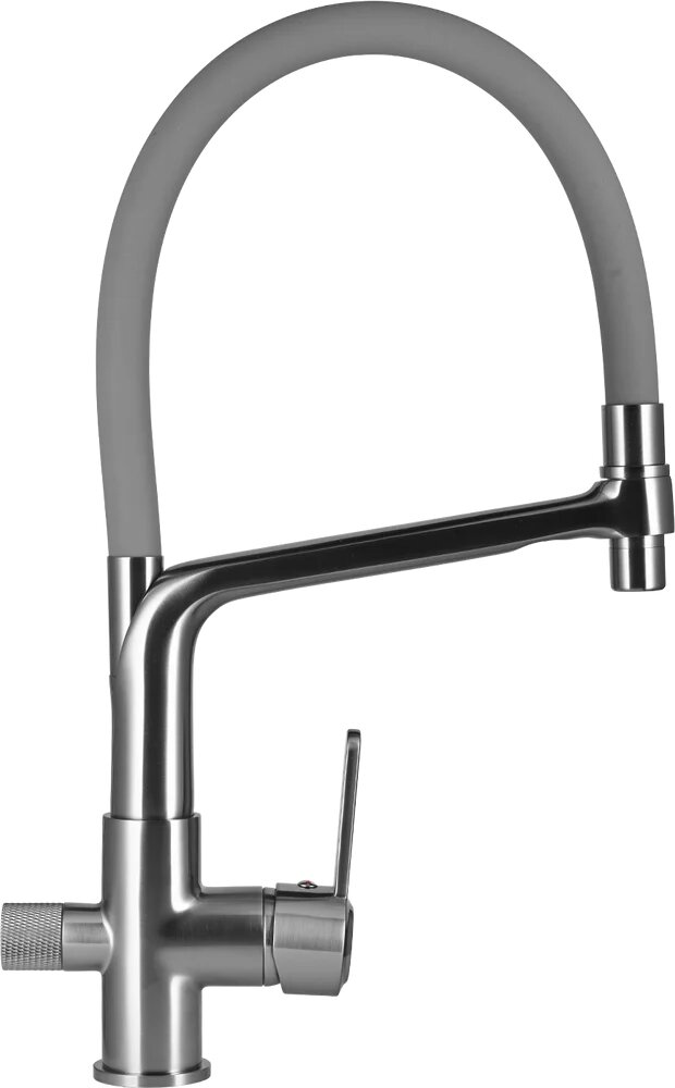 Смеситель для кухни Wisent W4755A-9 с гибким изливом, с краном для питьевой воды, с поворотным изливом, серый, матовый, однорычажный, латунный, с керамическим картриджем
