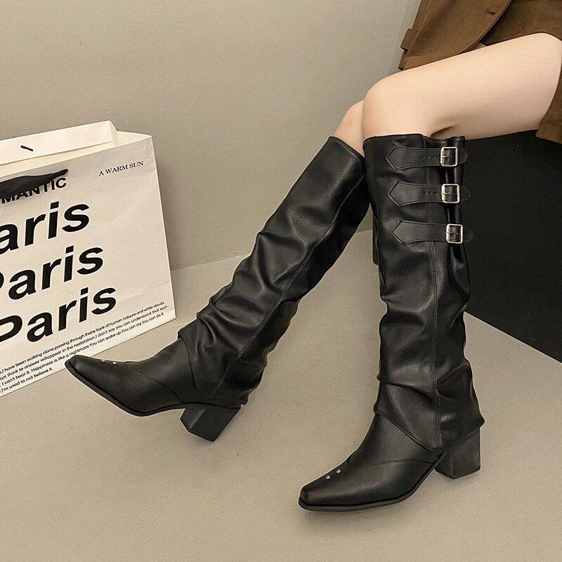 Ботинки в стиле ретро с толстым каблуком и острым носком, длинные рыцарские сапоги, женская обувь 2025 года, новые дизайнерские сапоги с двойными характеристиками
