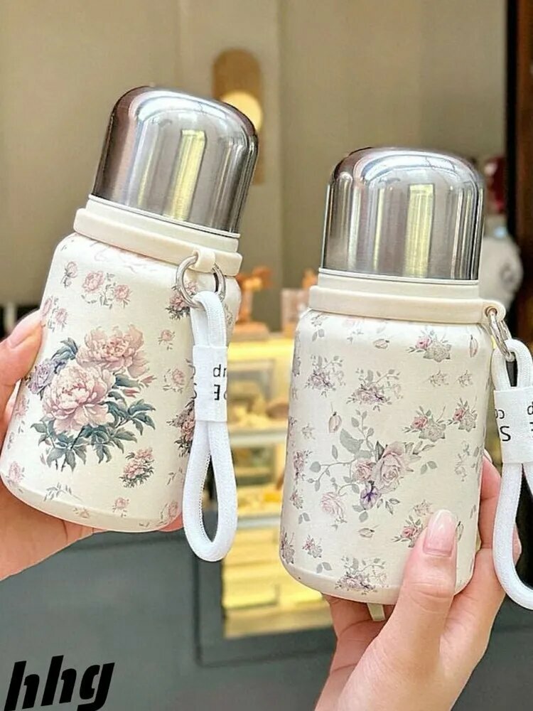 Термобутылка Ударопрочный корпус, С ручкой, Крышка-чашка "Цветок пиона，роза", 0.41 л