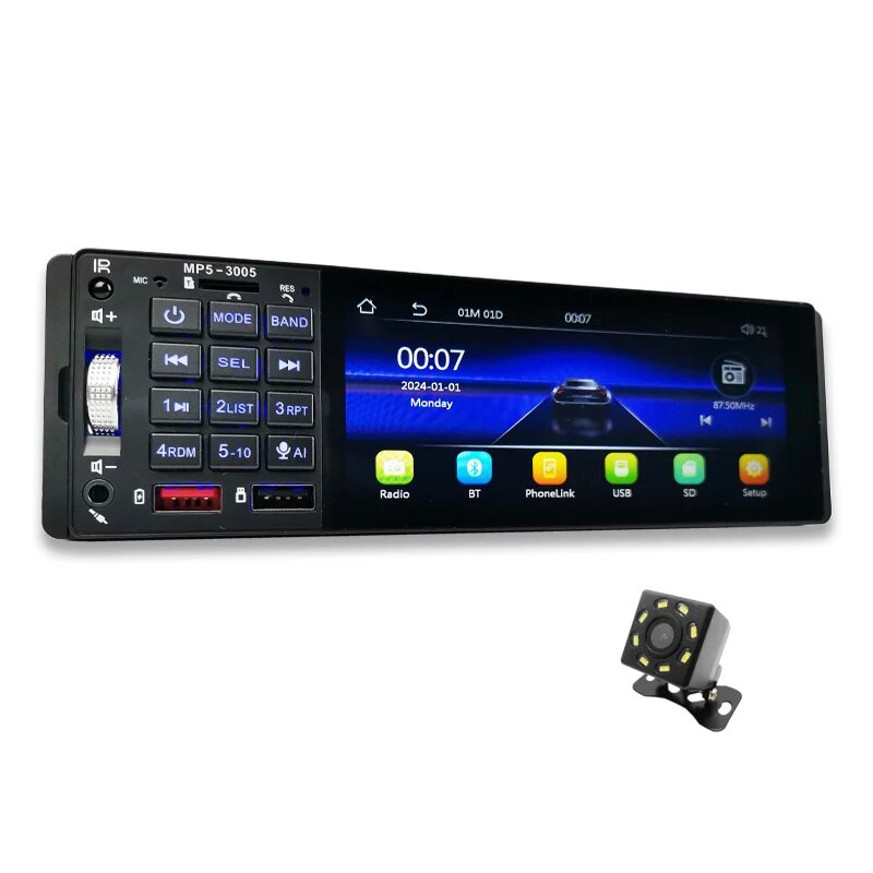 Автомобильный радиоприемник Bluetooth 1 Din Carplay, Android-автомат, USB TF Aux, FM-стереоприемник, 5-дюймовый сенсорный экран, головное устройство аудиосистемы 3005, with camera