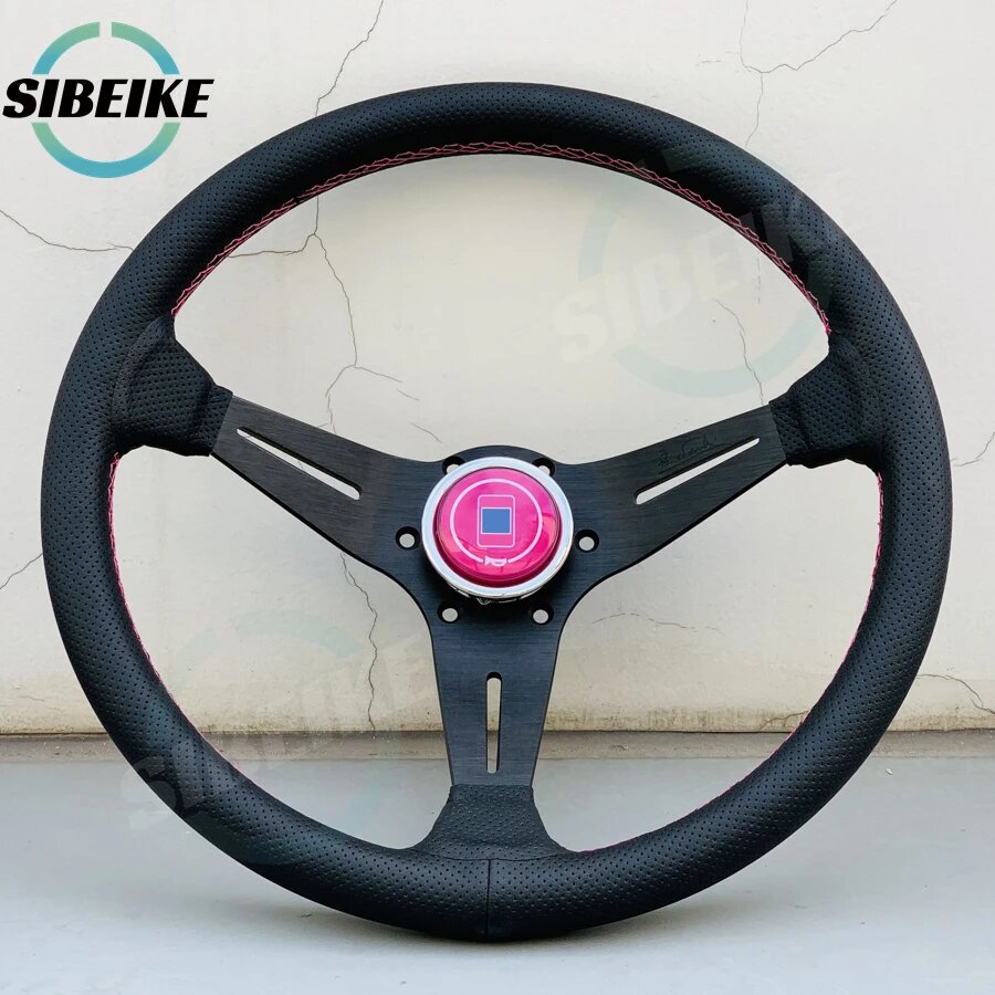 Универсальный кожаный руль JDM, 14-дюймовый спортивный руль с розовой строчкой, Черный