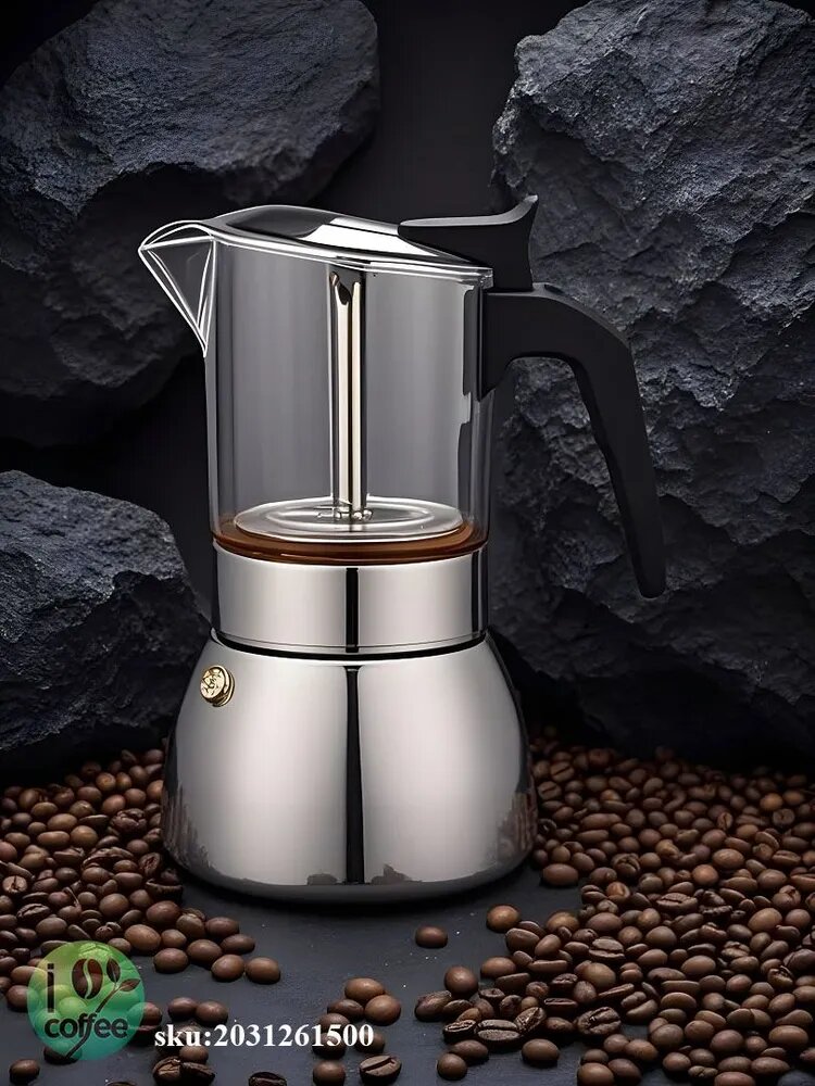 Гейзерная кофеварка xiaoyatou, на 6 чашек, 300мл, серая, боросиликатное стекло, нержавеющая сталь
