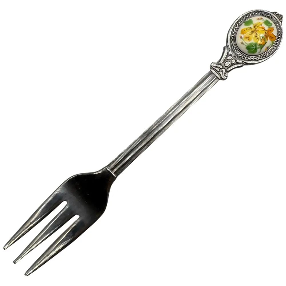 Вилка десертная "Лилия", 13 см, металл, фарфор, 1960-1970 гг, Twin Bird, Европа