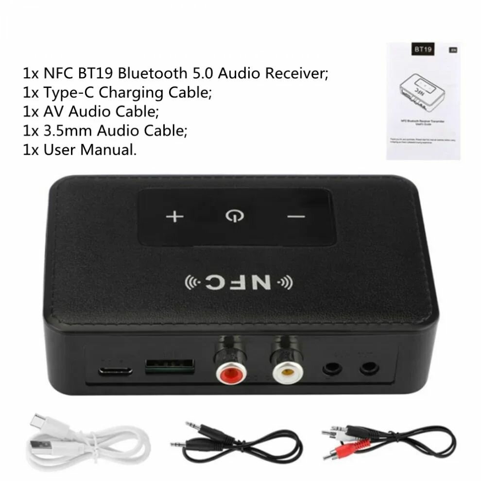 Адаптер Bluetooth 5.0 аудио с RCA и 3.5 мм разъемом AUX, микрофоном и NFC для автомобиля, телевизора и колонок