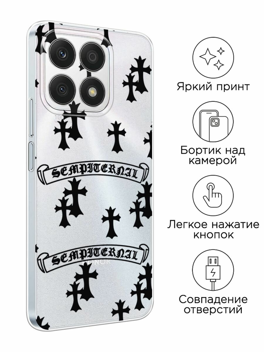 Чехол на Honor X8A / Хонор X8A с принтом "Кресты паттерн чёрный", прозрачный — фото 1