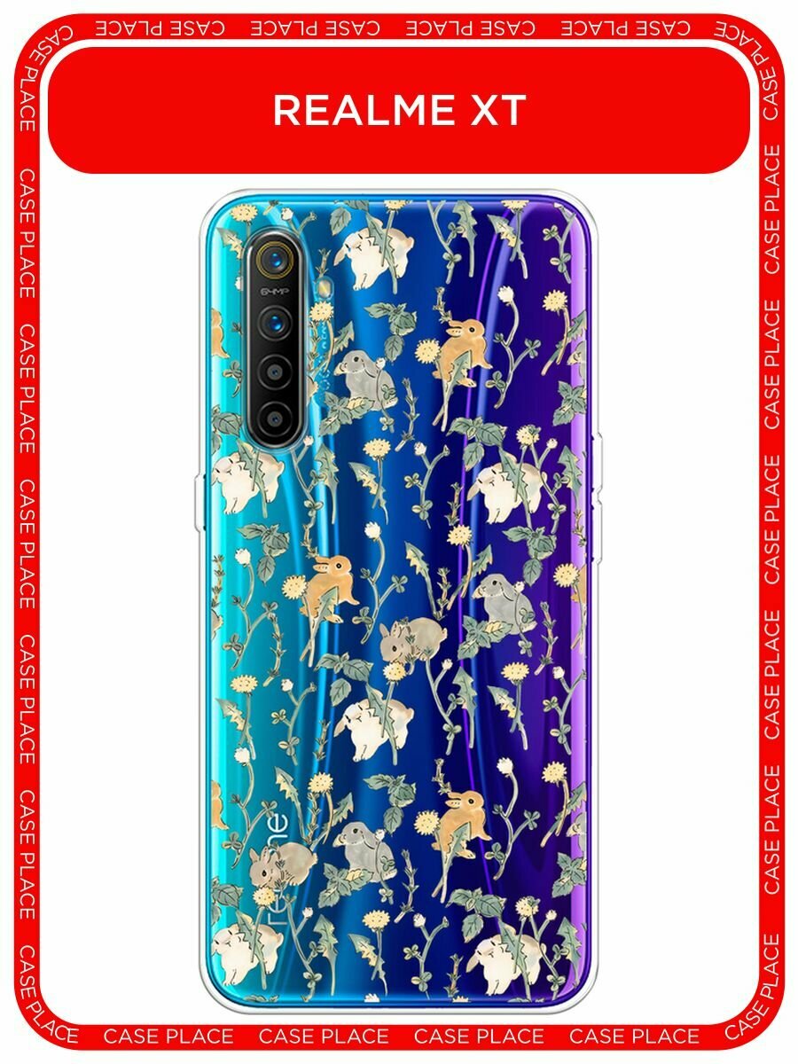 Чехол на Realme XT / Реалми XT с принтом "Кролики в одуванчиках", прозрачный
