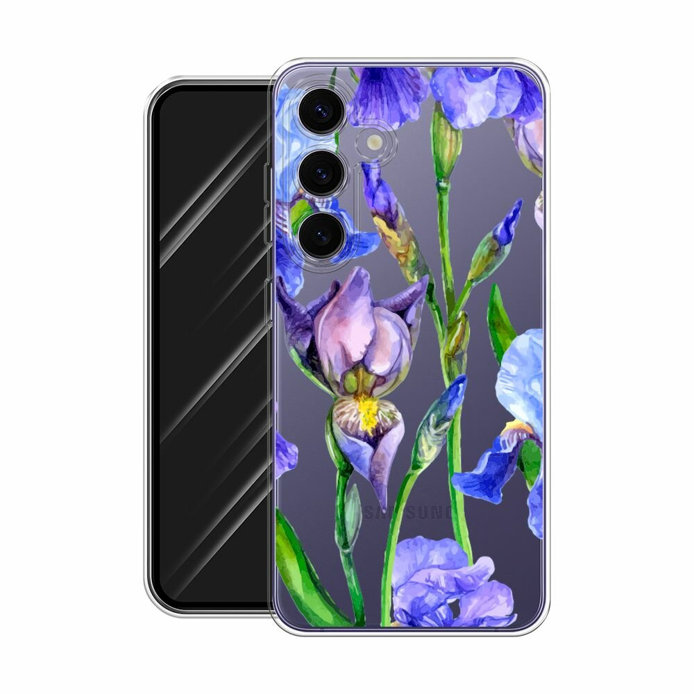 Чехол на Samsung Galaxy S24 Plus / Самсунг S24 Plus с принтом "Синие ирисы", прозрачный — фото 1