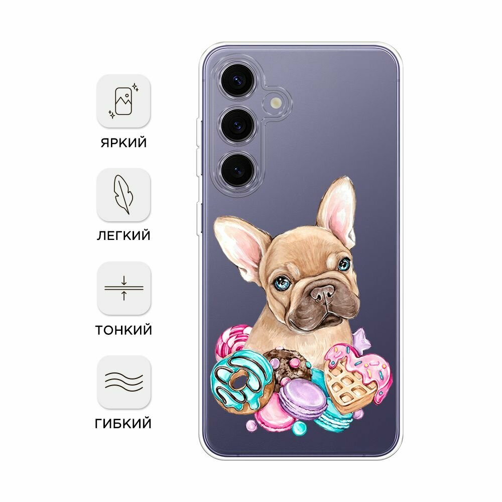 Чехол на Samsung Galaxy S24 Plus / Самсунг S24 Plus с принтом "Бульдог и сладости", прозрачный — фото 1