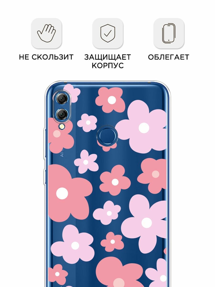 Чехол на Honor 8X / Хонор 8Х с принтом "Нежные розовые цветочки рисунок", прозрачный — фото 1