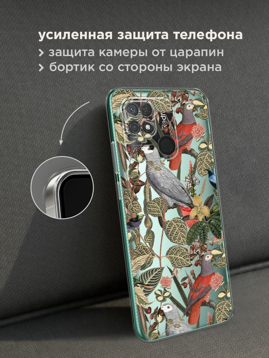 Чехол на Xiaomi Redmi 10C / Сяоми Редми 10C с принтом "Tropical pattern", прозрачный — фото 1