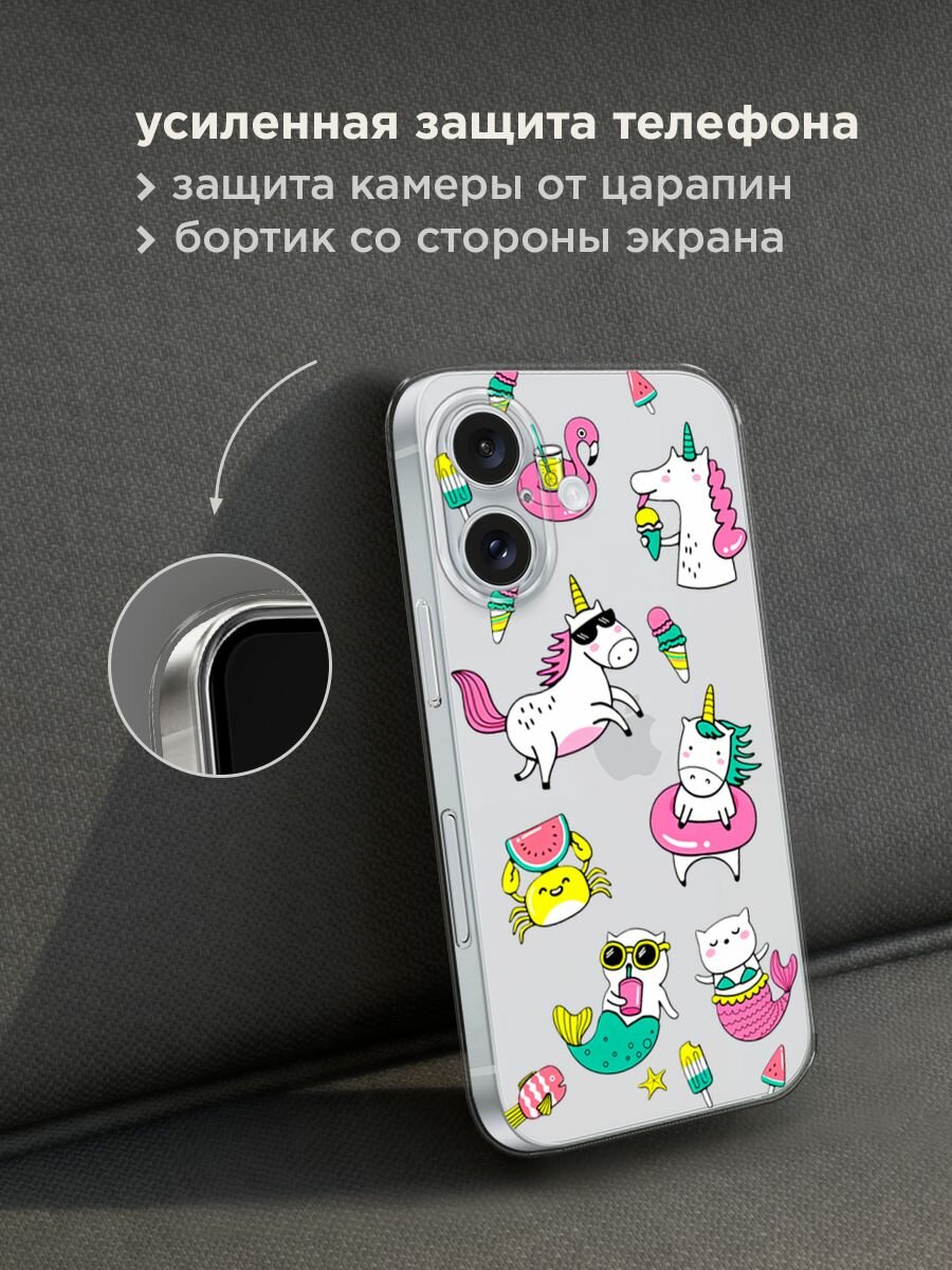 Чехол на Apple iPhone 16 / Айфон 16 с принтом "Единороги в отпуске", прозрачный — фото 1