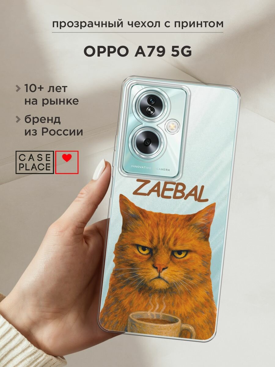 Чехол на Oppo A79 5G / Оппо А79 5G с принтом "Рыжий кот с надписью", прозрачный